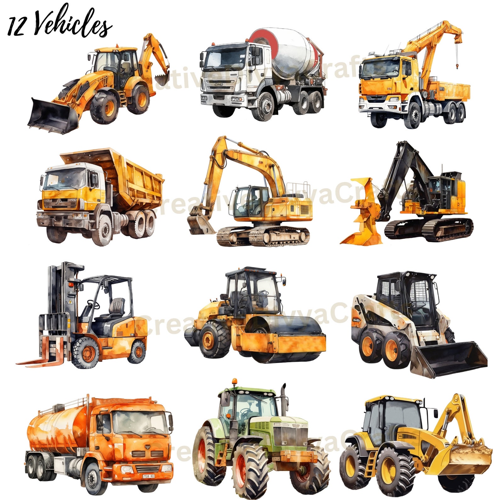 Construction Vehicles Clipart, Watercolor Construction Clipart, Cement ...