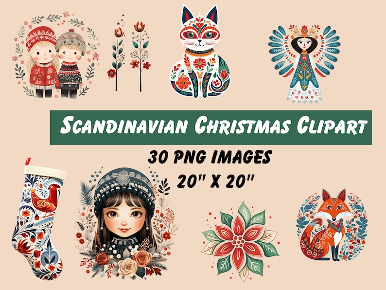 Scandinavian Christmas Clipart, Christmas Folk Art, Scandinavian ...