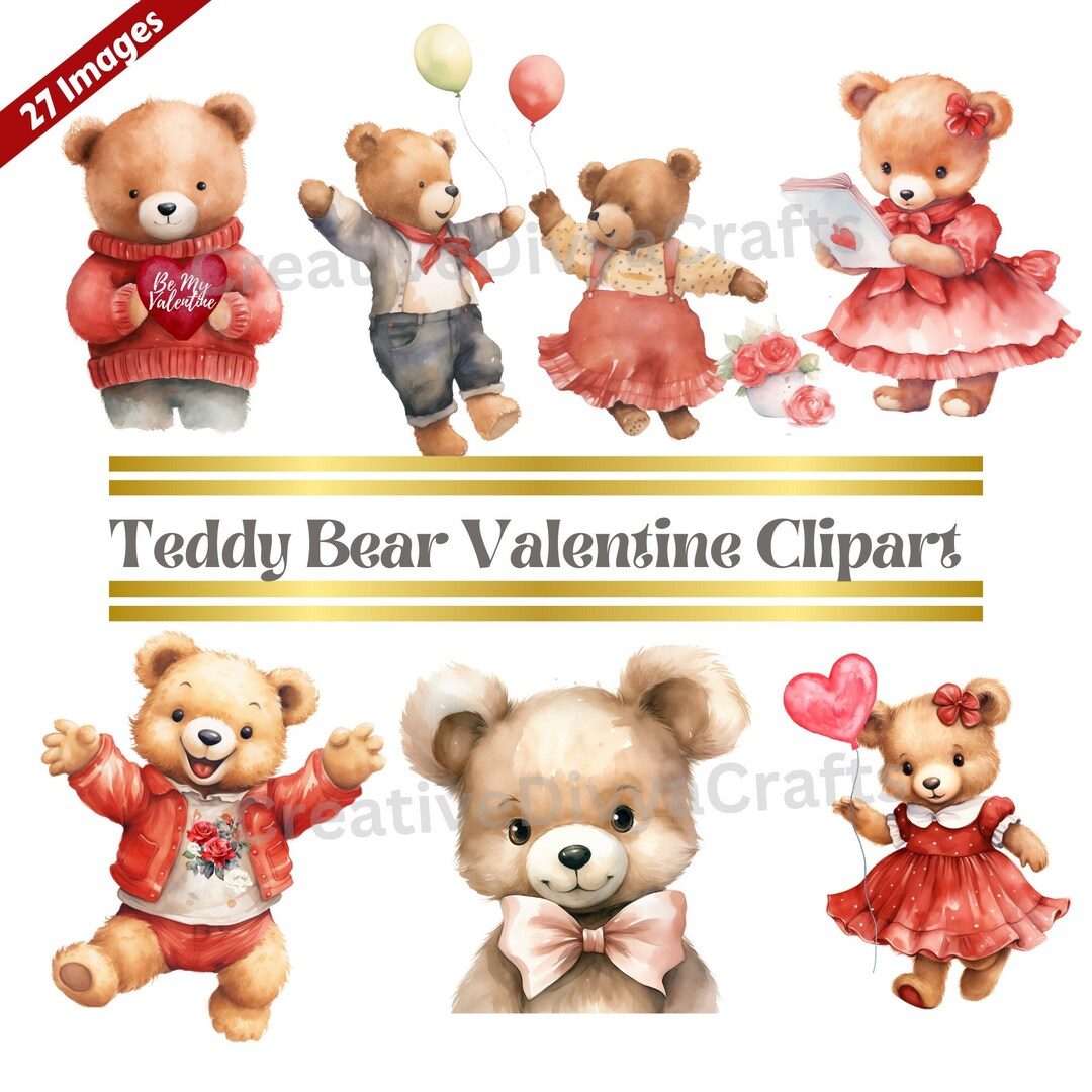 Valentine's Teddy Bear Clipart, Watercolor Teddy, Cute Teddy PNG, Love ...