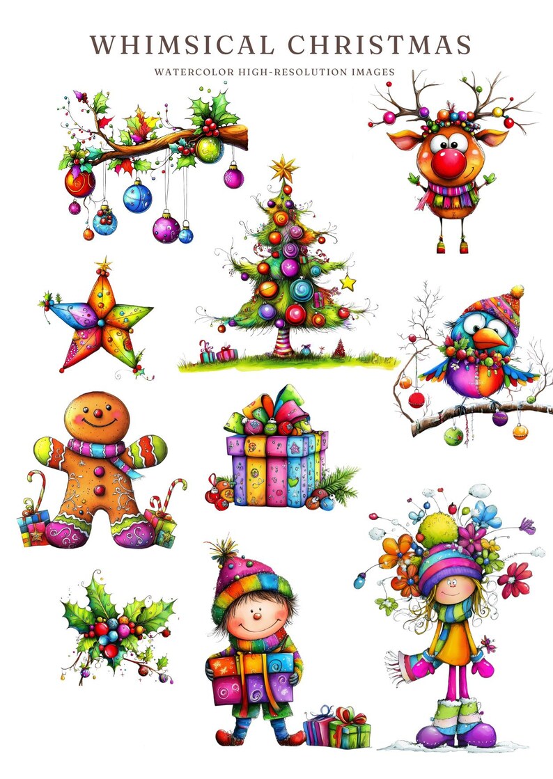 Watercolor Whimsical Christmas Clipart - Boho Christmas Digital Design ...