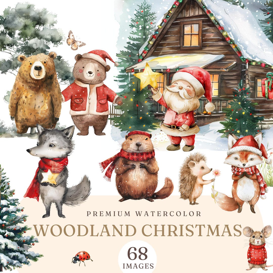 Christmas Woodland Animals Clipart- Watercolor Christmas Animals Print ...