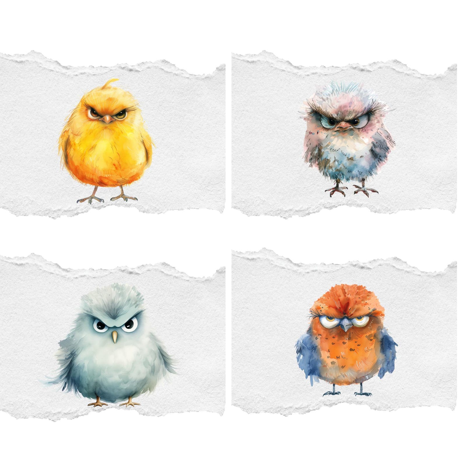 Grumpy Birds Watercolor Clipart / Angry Cute Bird Illustrations / Funny ...