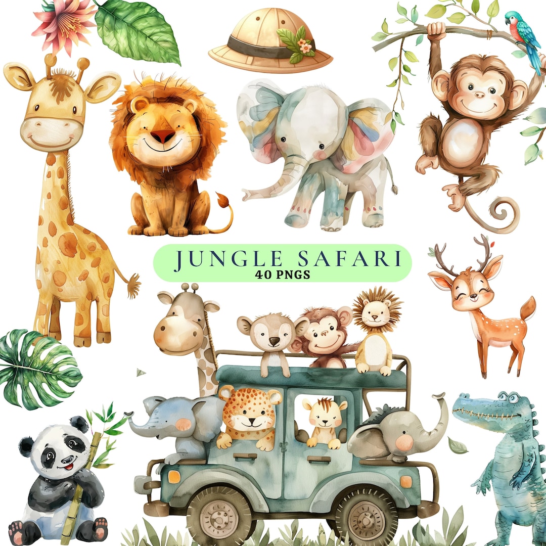 Watercolor Jungle Safari Clipart / Cute Jungle Safari Animals / Forest ...