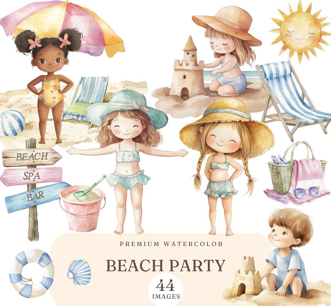 Cute Beach Clipart - Summer Beach Watercolor Clip Art - Beach Holiday ...