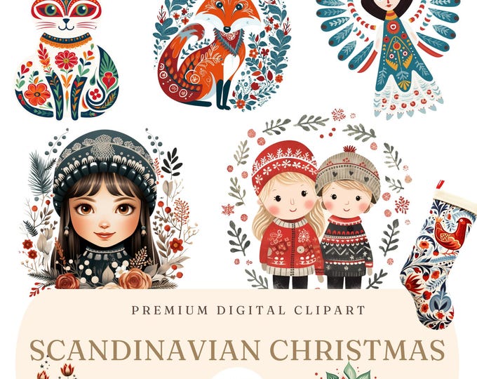 Scandinavian Christmas Clipart, Nordic Hygge Clipart, Scandinavian Folk ...