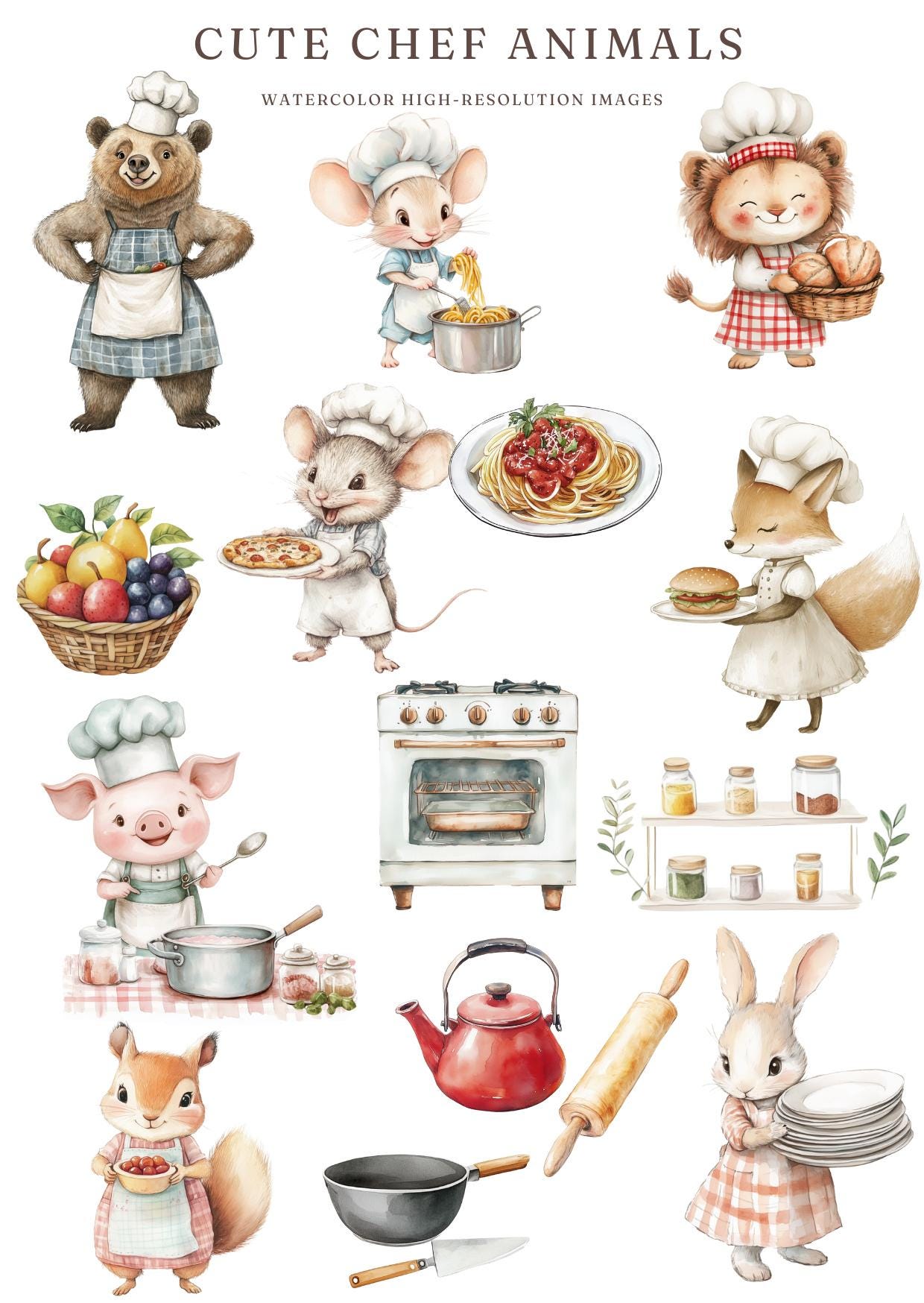 Cute Chef Animals Clipart - Watercolor Cute Animal Cooks - Whimsical ...
