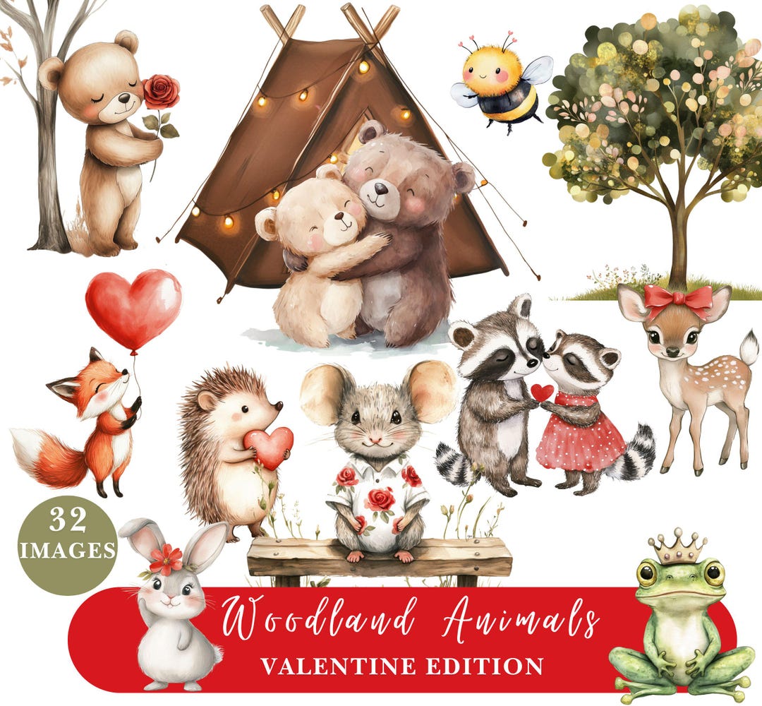 Woodland Animals Valentine Clipart Watercolor Valentine Day Forest ...