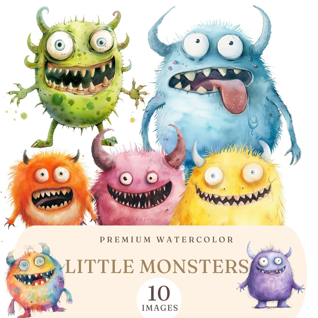 Watercolor Cute Monsters Clipart, Funny Halloween Monsters Clip Art ...