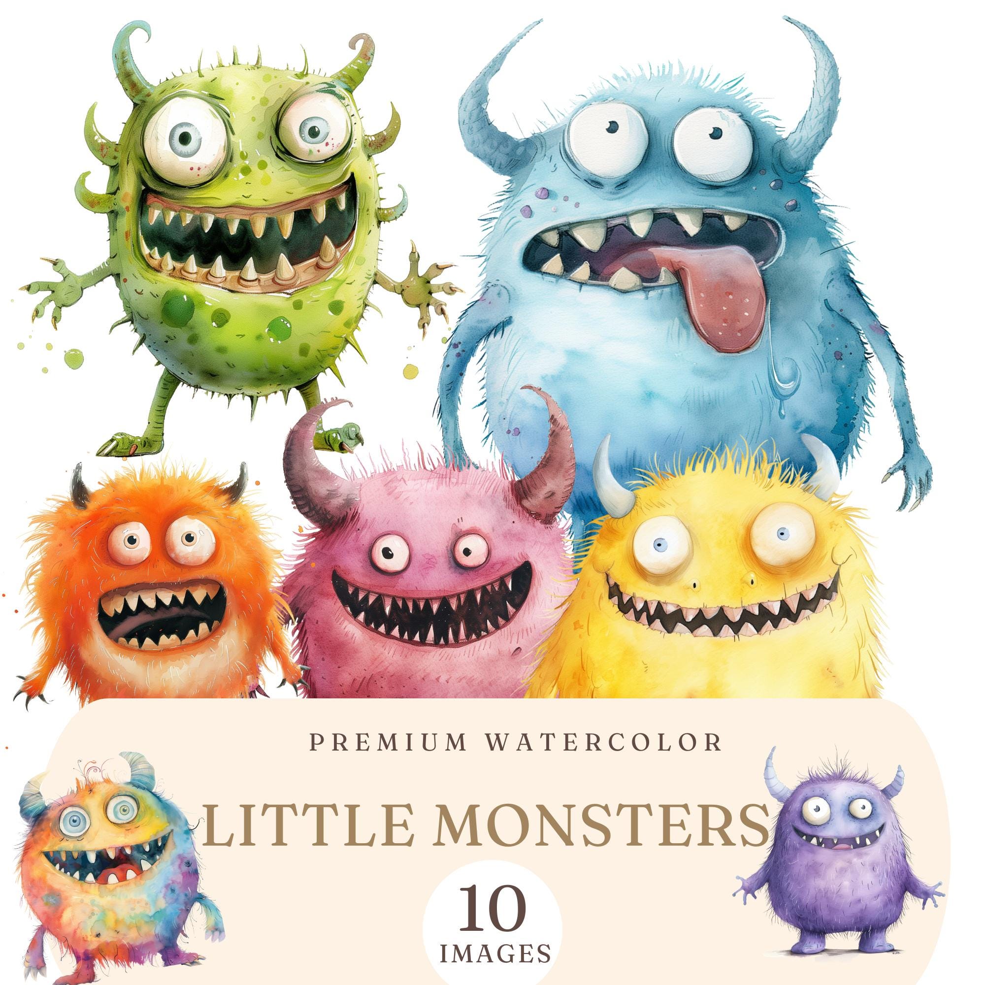 Watercolor Cute Monsters Clipart, Funny Halloween Monsters Clip Art ...