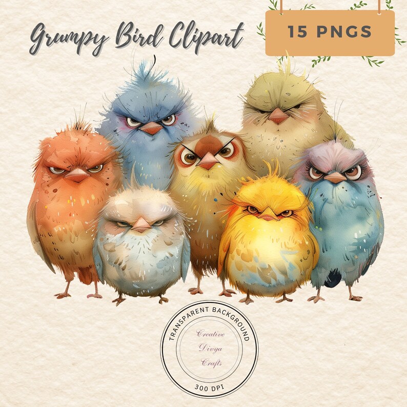Grumpy Birds Watercolor Clipart / Grumpy Cute Bird Illustrations ...