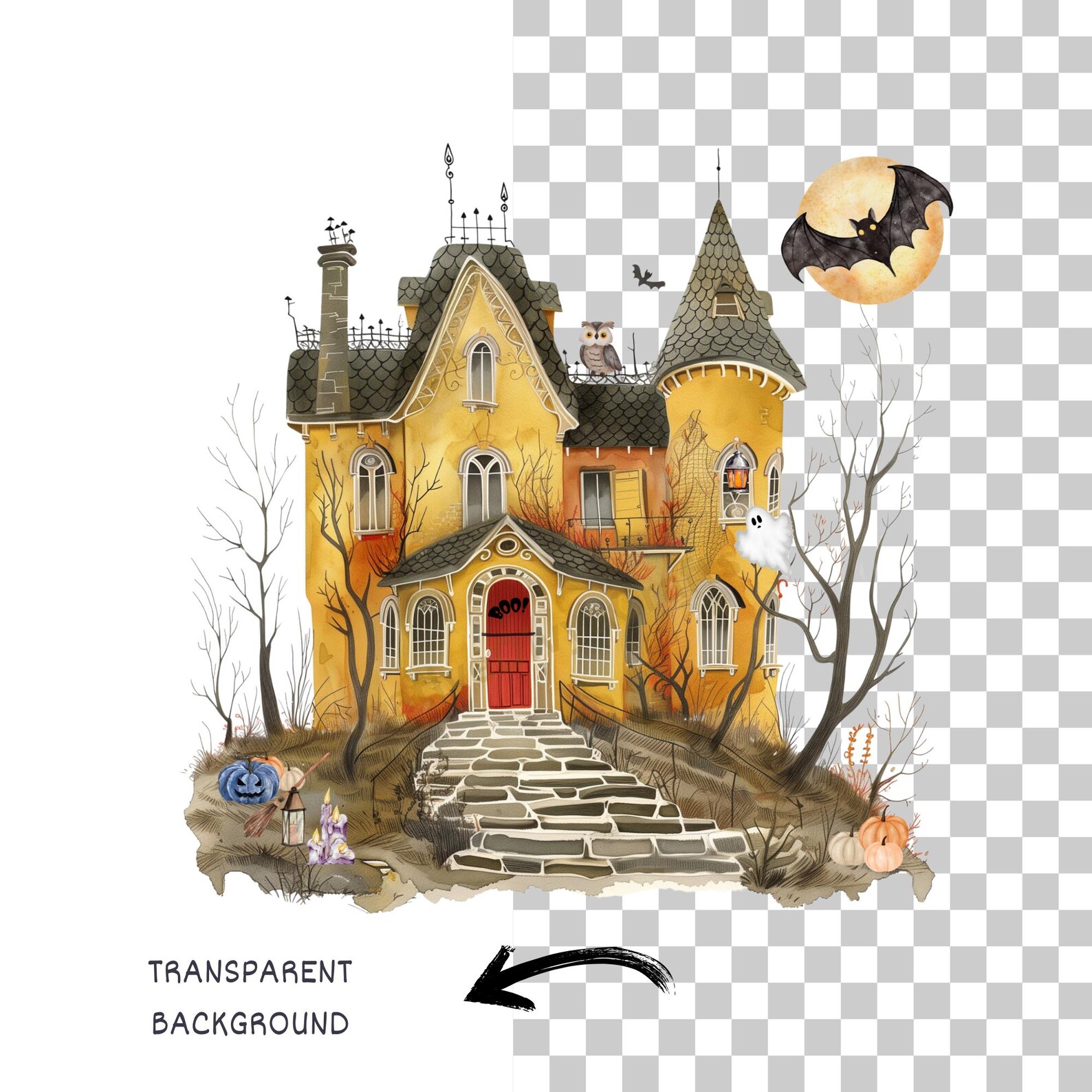 Whimsical Haunted House Clipart - Haunted Mansion PNG - Cute Halloween ...