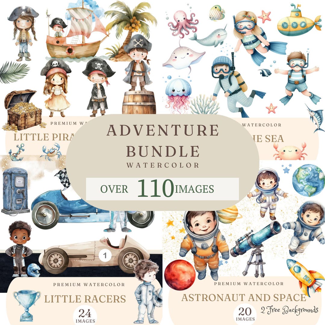 Watercolor Kids Clipart Bundle - Cute Pirates PNG - Underwater ...
