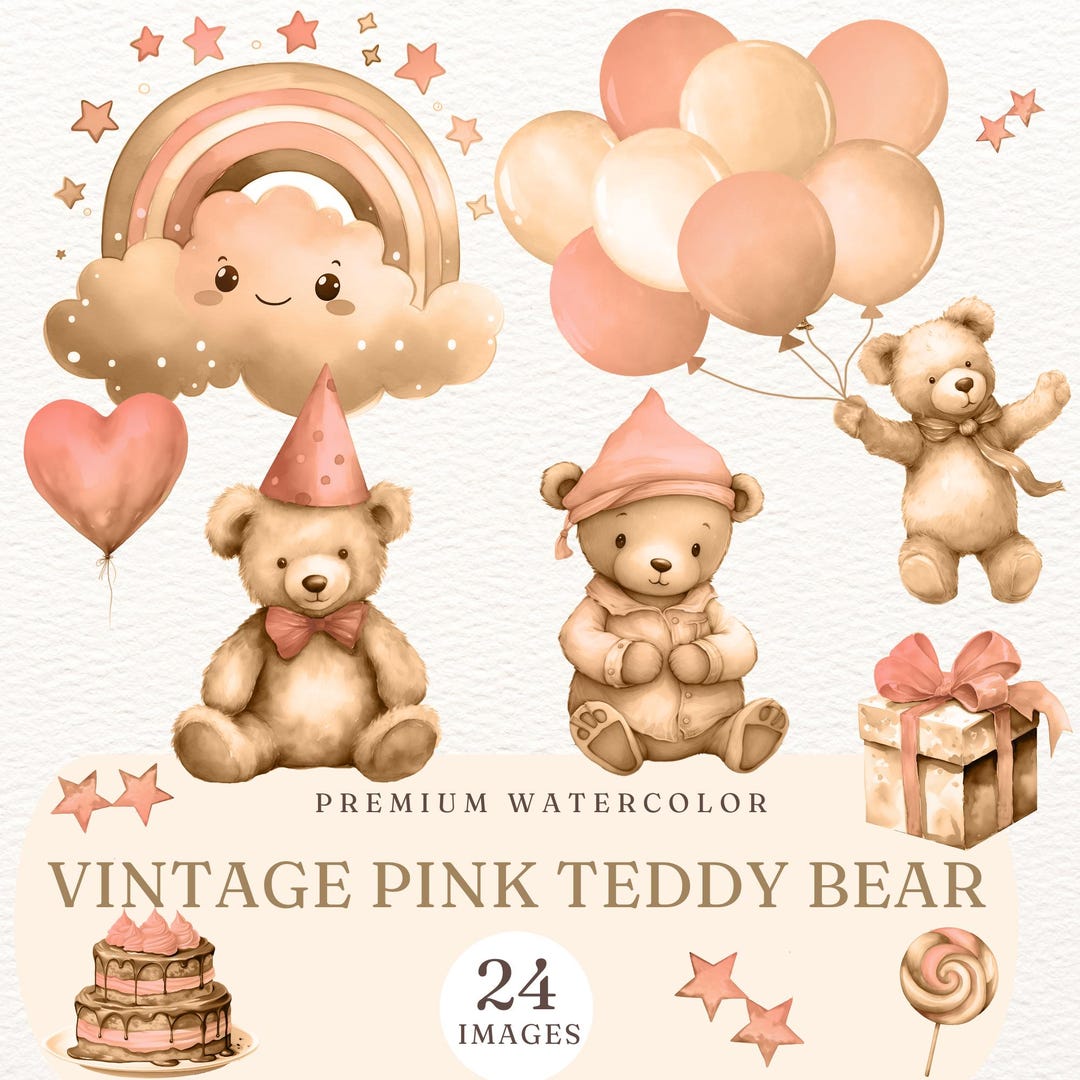 Pink Vintage Teddy Bear Clipart - Watercolor Pink Teddy Birthday PNG ...