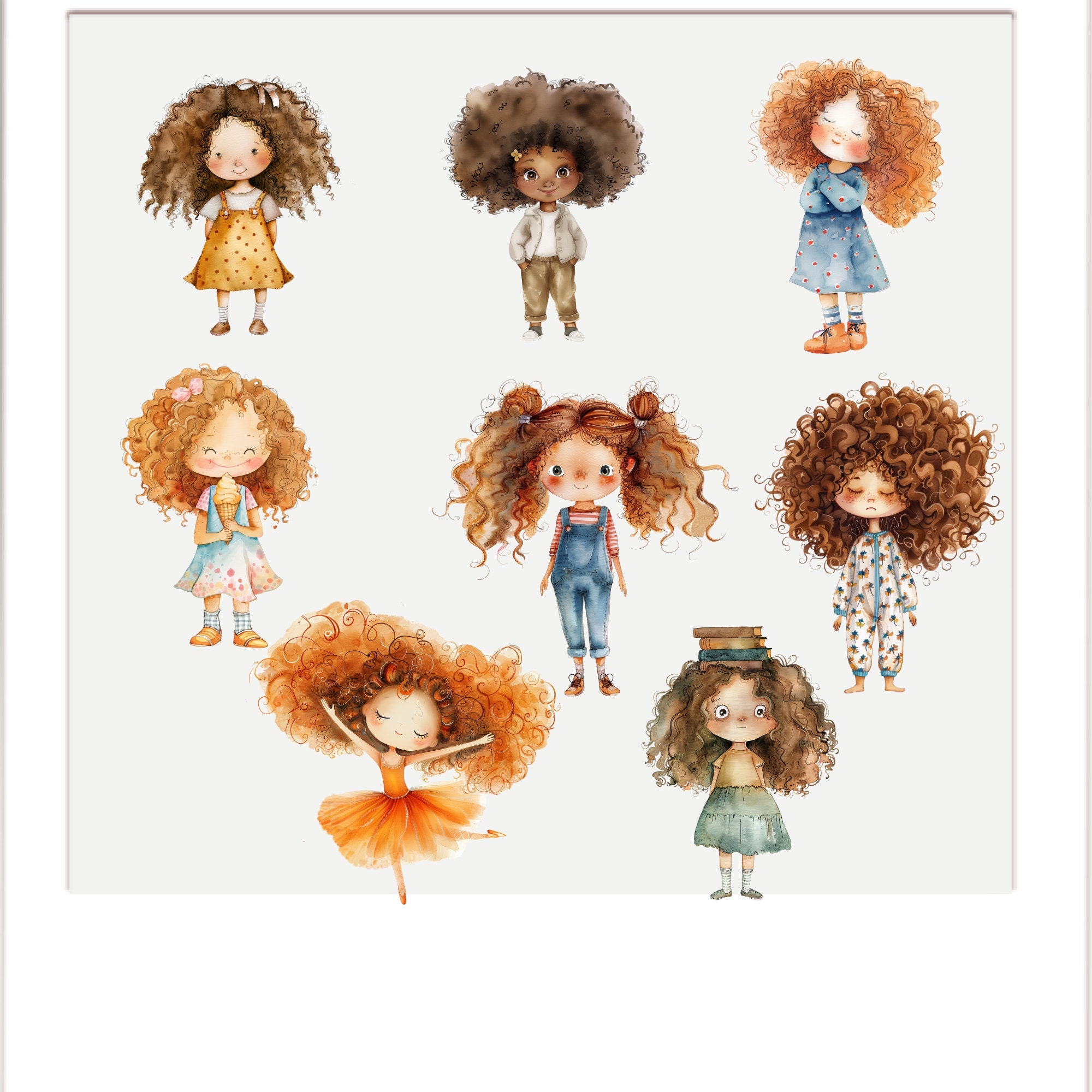 Quirky Curly Haired Girl Clipart, Cute Curlies PNG Clip Art, Whimsical ...