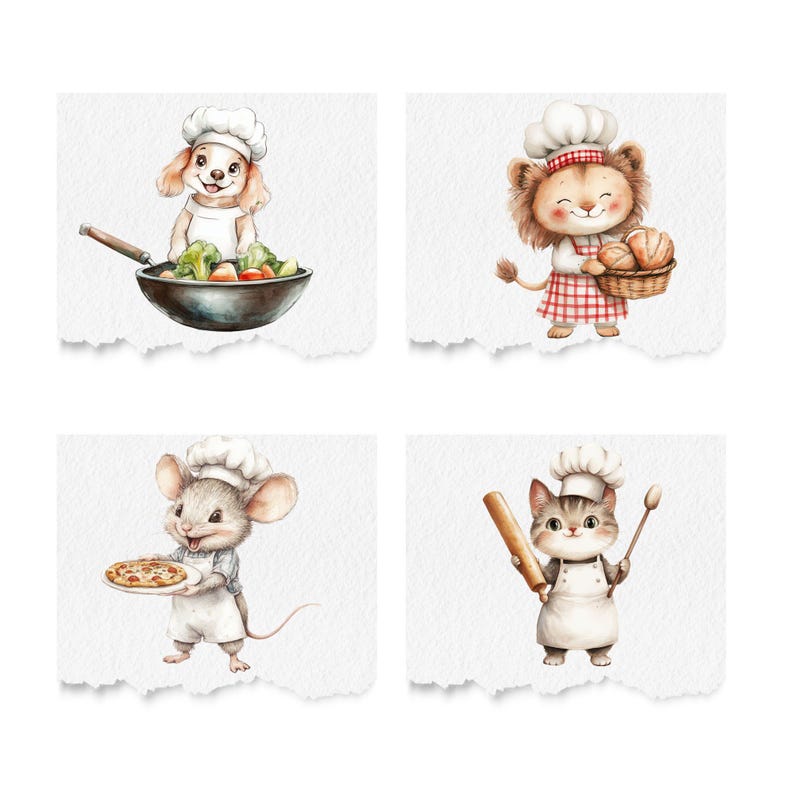 Cute Chef Animals Clipart - Watercolor Cute Animal Cooks - Whimsical ...