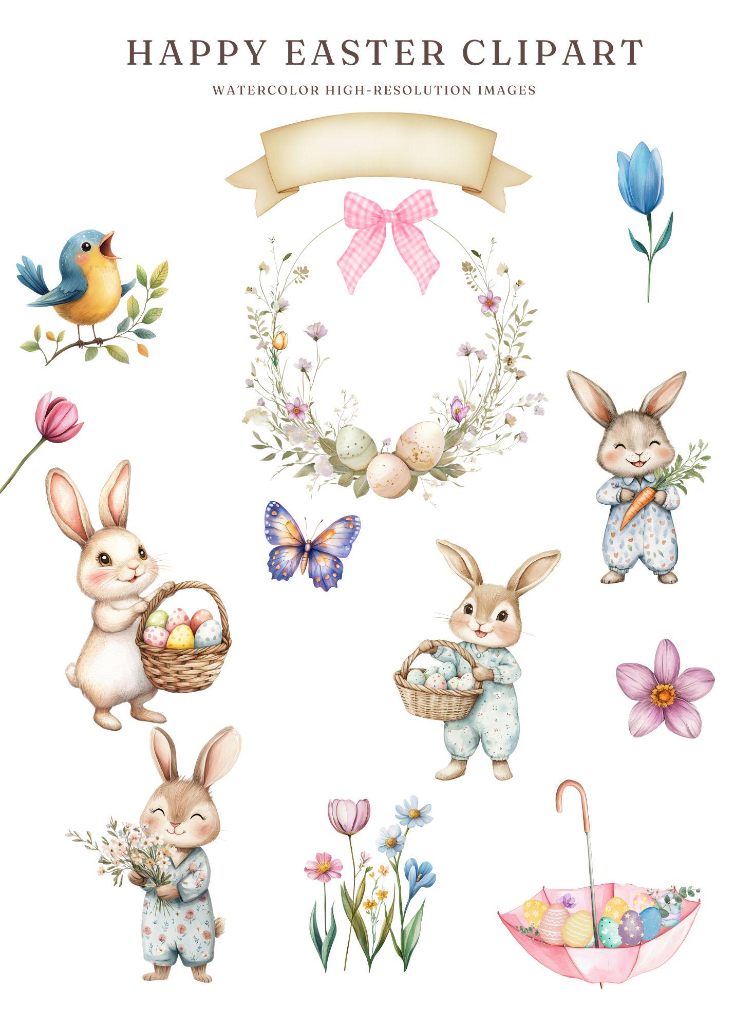 Happy Easter Bunny Rabbit Clipart - Watercolor Easter Images - Spring ...