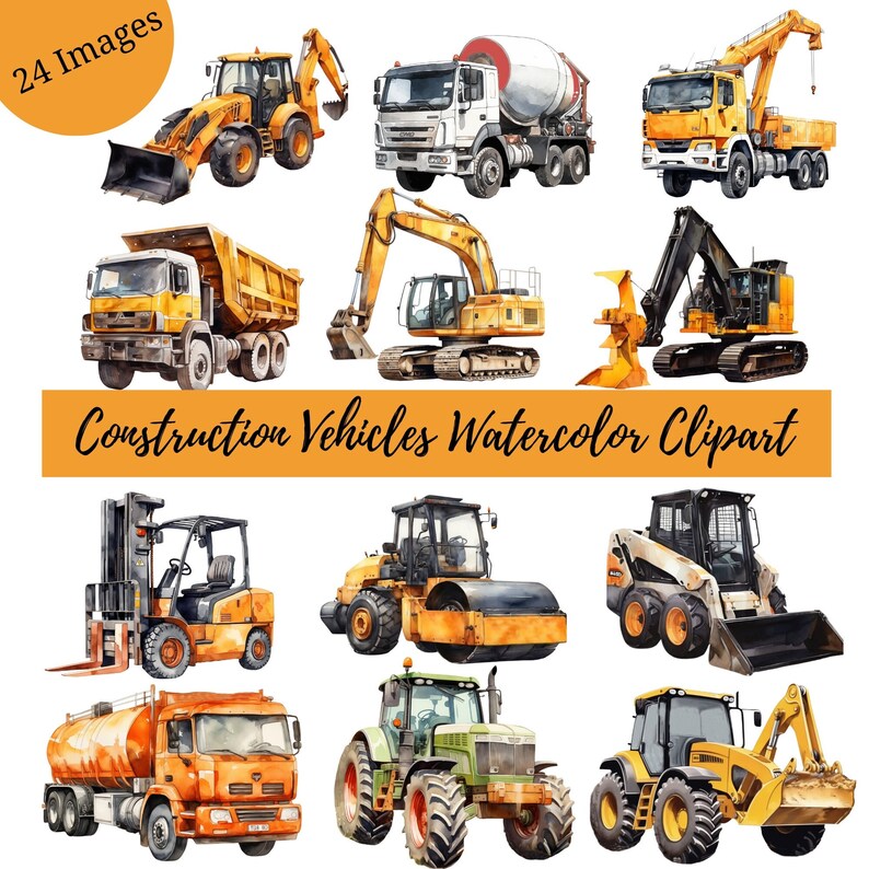 Construction Vehicles Clipart, Watercolor Construction Clipart, Cement ...