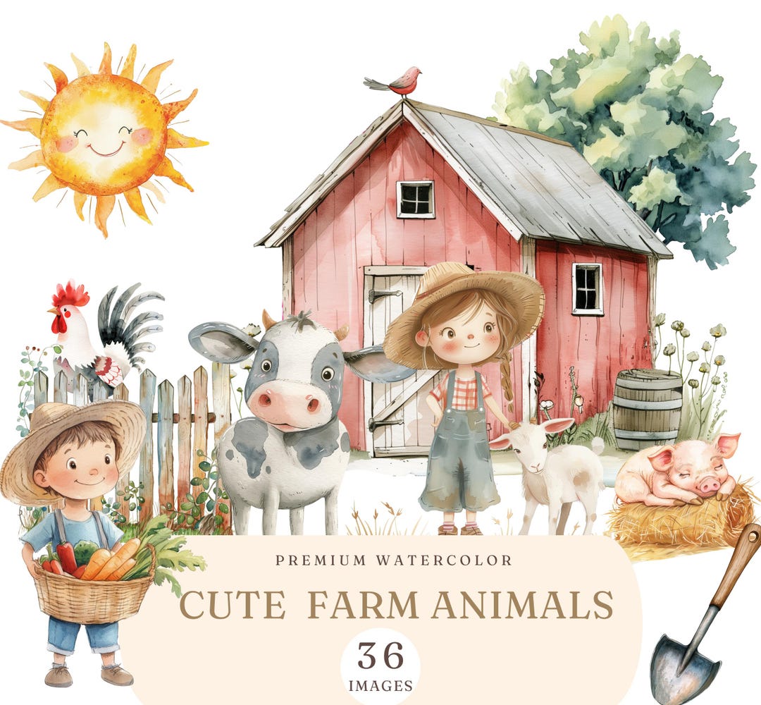 Cute Farm Animals Clipart - Watercolor Baby Animals - Cottage Farm ...