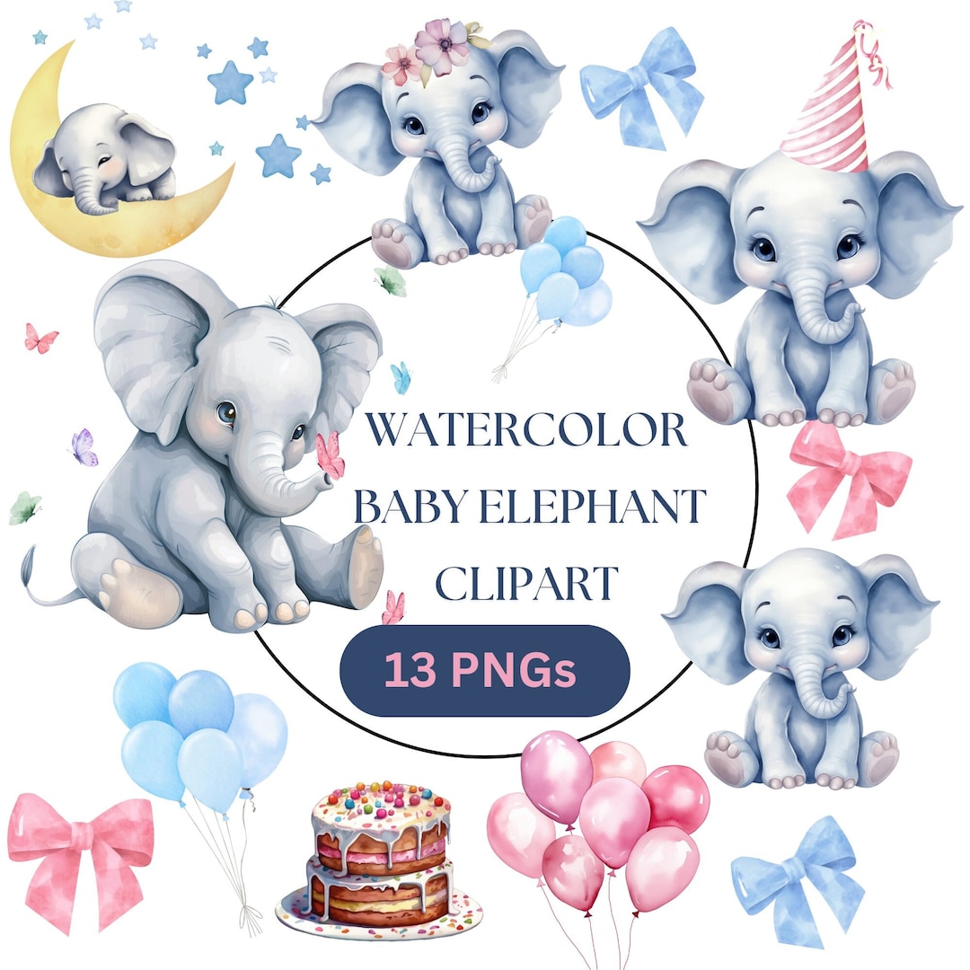 Baby Elephant Clipart / Watercolor Little Animal Clipart/ Cartoon ...