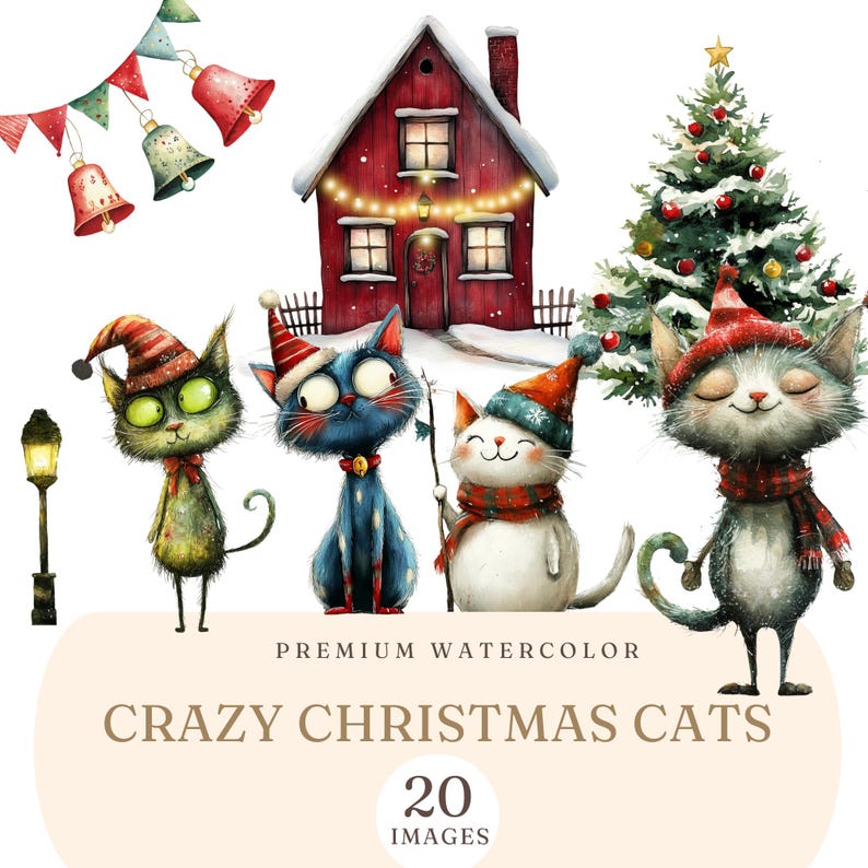 Crazy Christmas Cats Clipart- Cute Watercolor Whimsical Cats PNG ...
