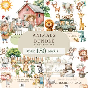 Watercolor Cute Animals Bundle - Jungle Safari Nursery Decor - Farm ...