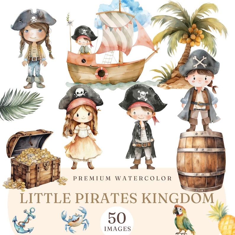 Little Pirates Watercolor Clipart - Pirate Illustrations - Cute Pirate ...