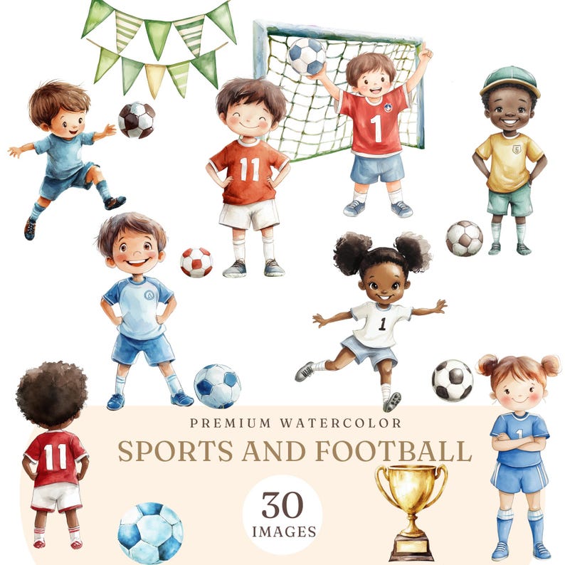 Watercolor Football Clipart Bundle - Cute Sports Clip Art PNG - Kids ...