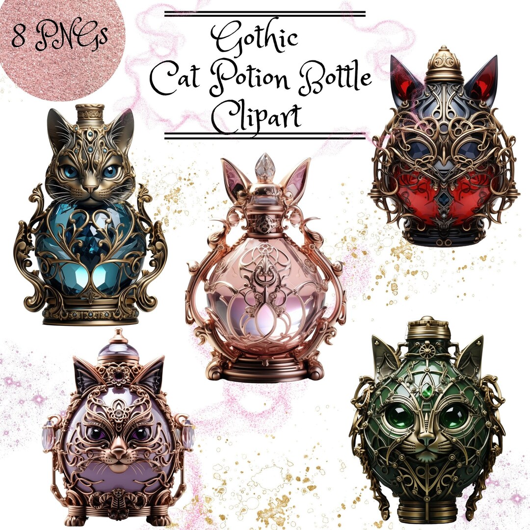 Gothic Cat Potion Bottle Clipart / Magic Potion Bottles / Apothecary ...