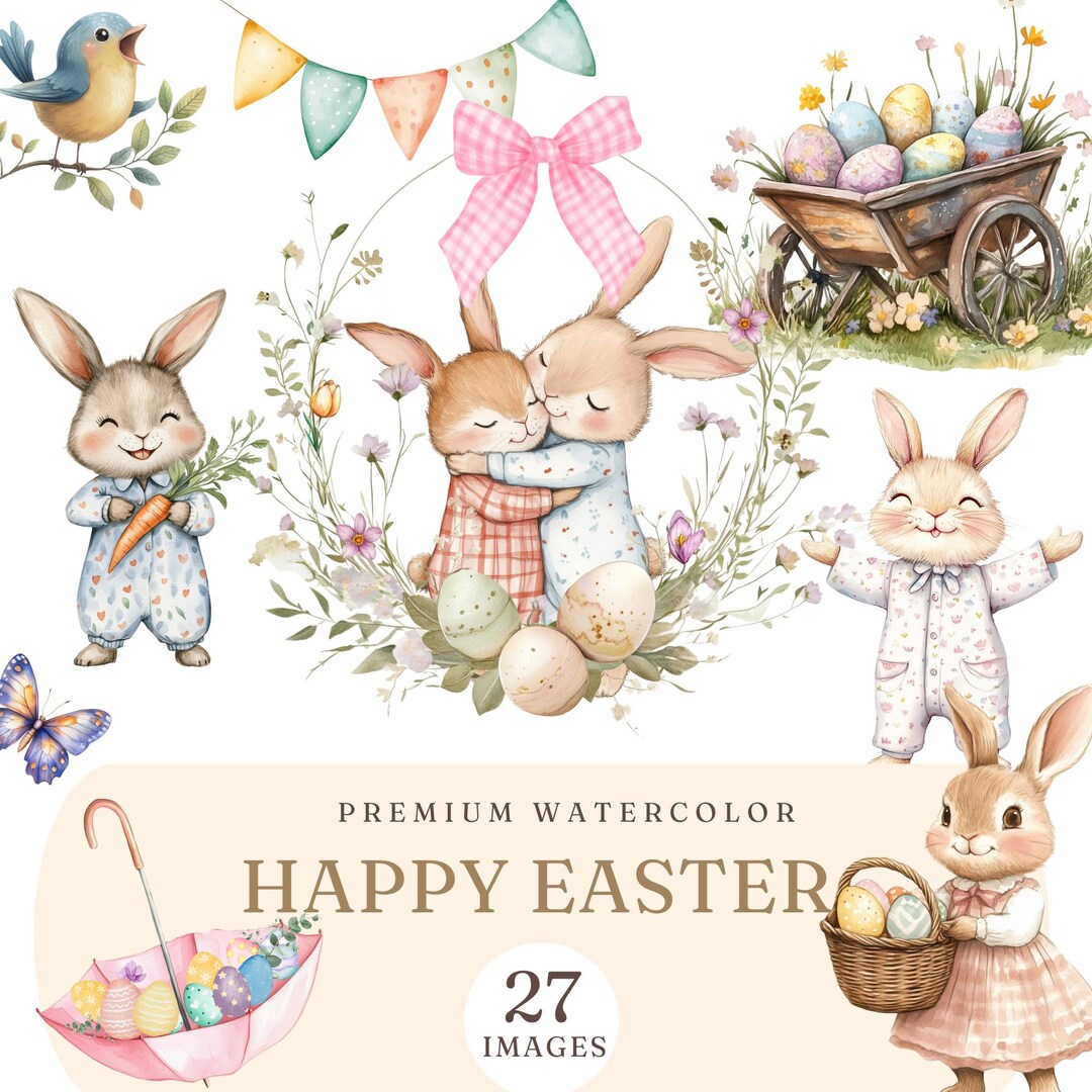 Happy Easter Bunny Rabbit Clipart - Watercolor Easter Images - Spring ...