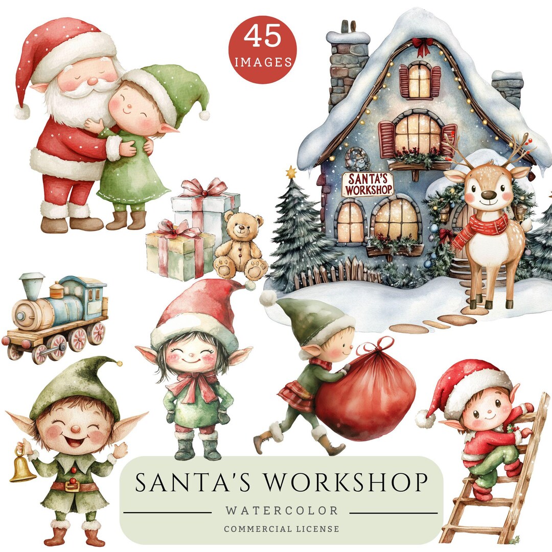 Santa's Workshop Clipart Watercolor Christmas Clip Art Graphics Cute ...