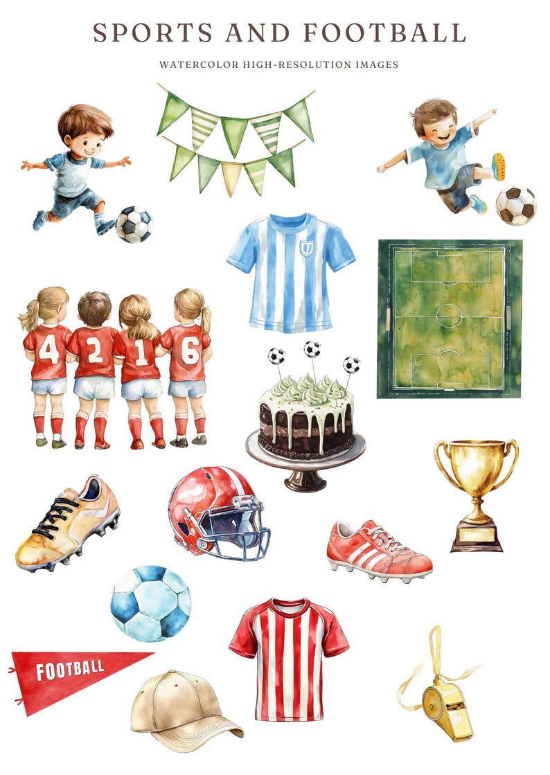 Watercolor Football Clipart Bundle - Cute Sports Clip Art PNG - Kids ...