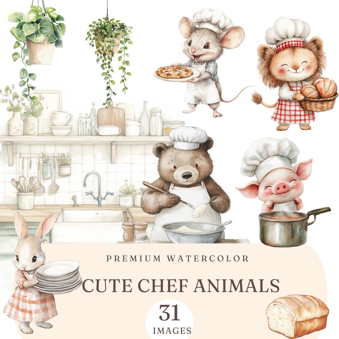 Cute Chef Animals Clipart - Watercolor Cute Animal Cooks - Whimsical ...