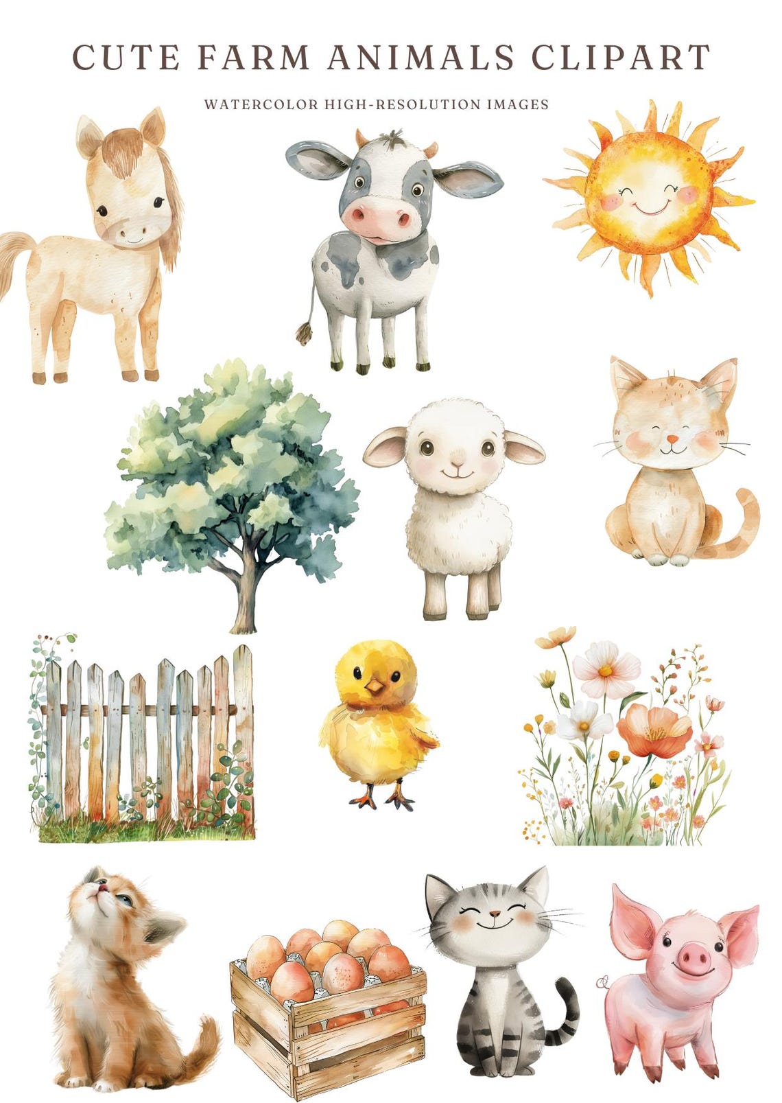 Watercolor Farm Animals Clipart - Baby Farm Animal Clip Art - Animal ...