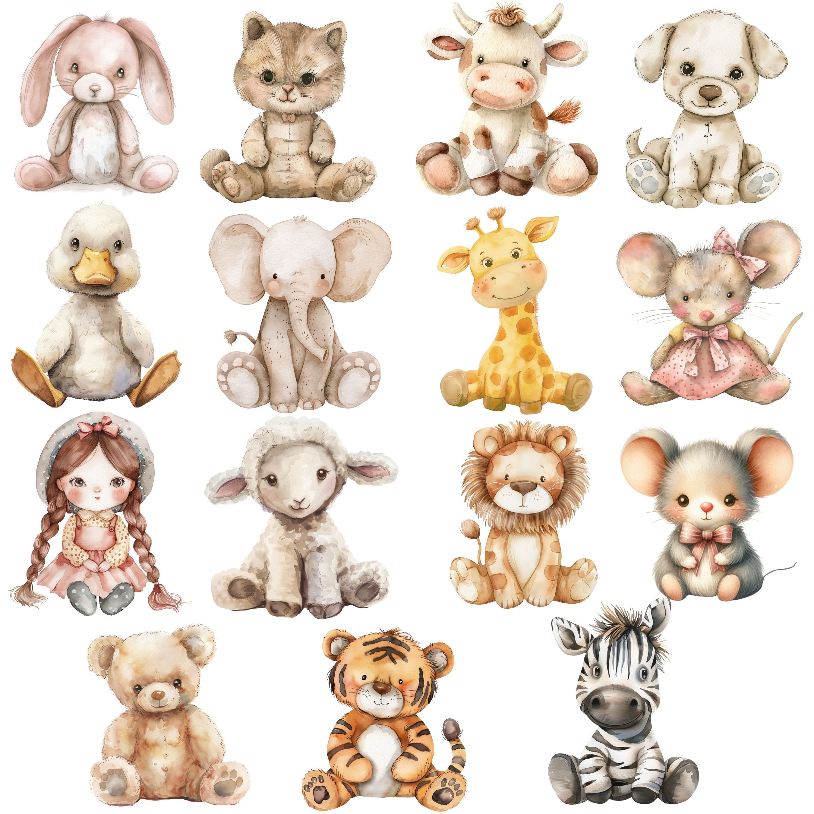 Plush Animal Toys Watercolor Clipart - Cute Watercolor Nursery Animals ...