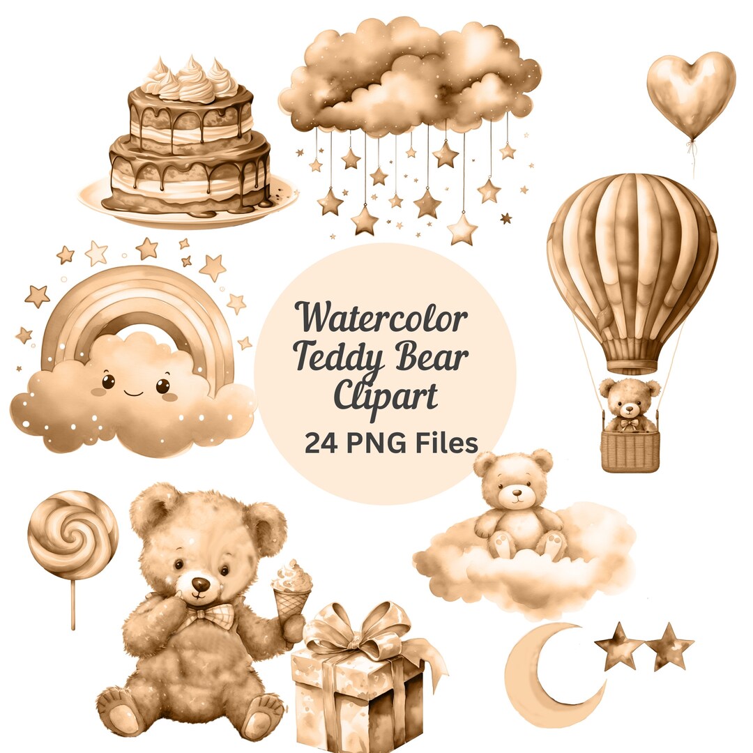 Watercolor Teddy Bear Clipart, Teddy Bear Babyshower, Neutral Teddy ...
