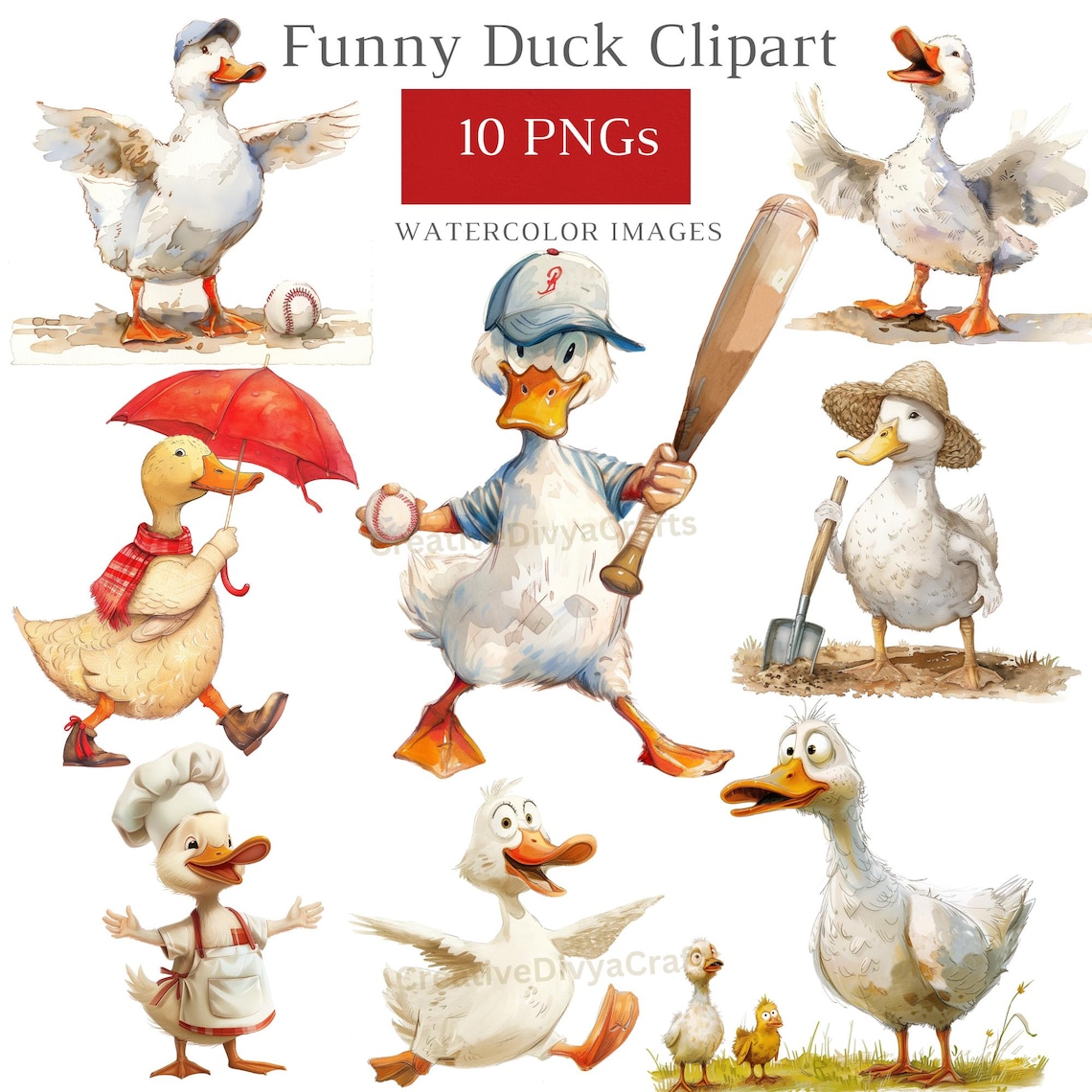 Duck Watercolor Clipart, Funny Duck, Quirky Duck, Silly Duck Pngs ...