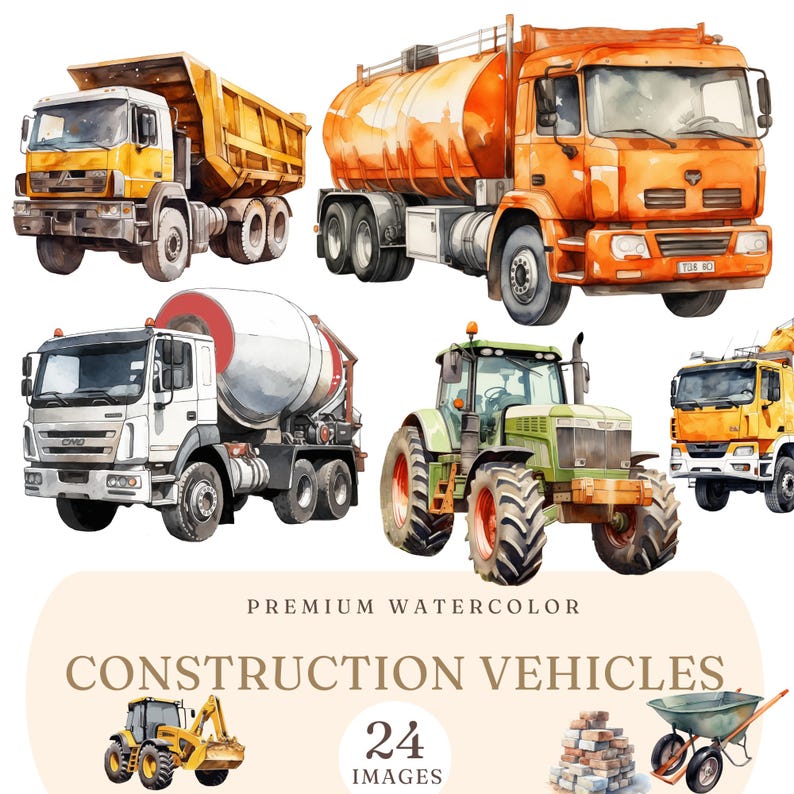 Construction Vehicles Clipart, Watercolor Construction Clipart, Cement ...