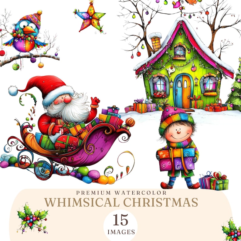 Watercolor Whimsical Christmas Clipart - Boho Christmas Digital Design ...