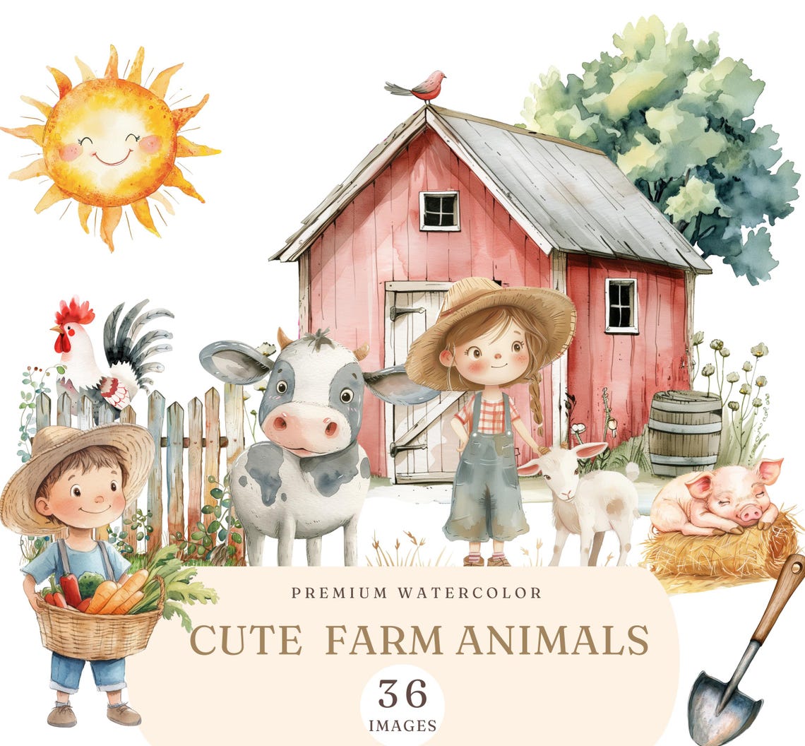 Watercolor Farm Animals Clipart - Baby Farm Animal Clip Art - Animal ...