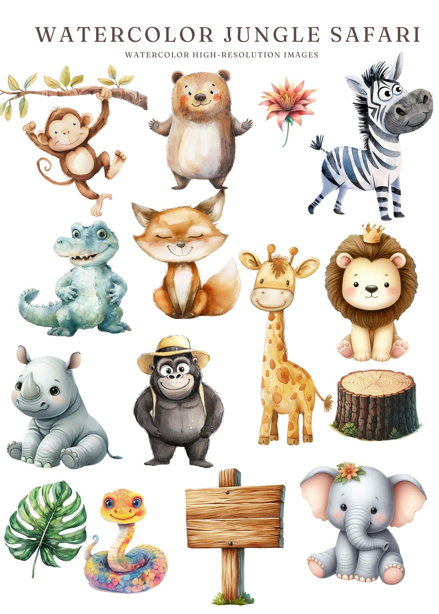 Watercolor Jungle Safari Clipart - Cute Safari Animals PNG - Forest ...
