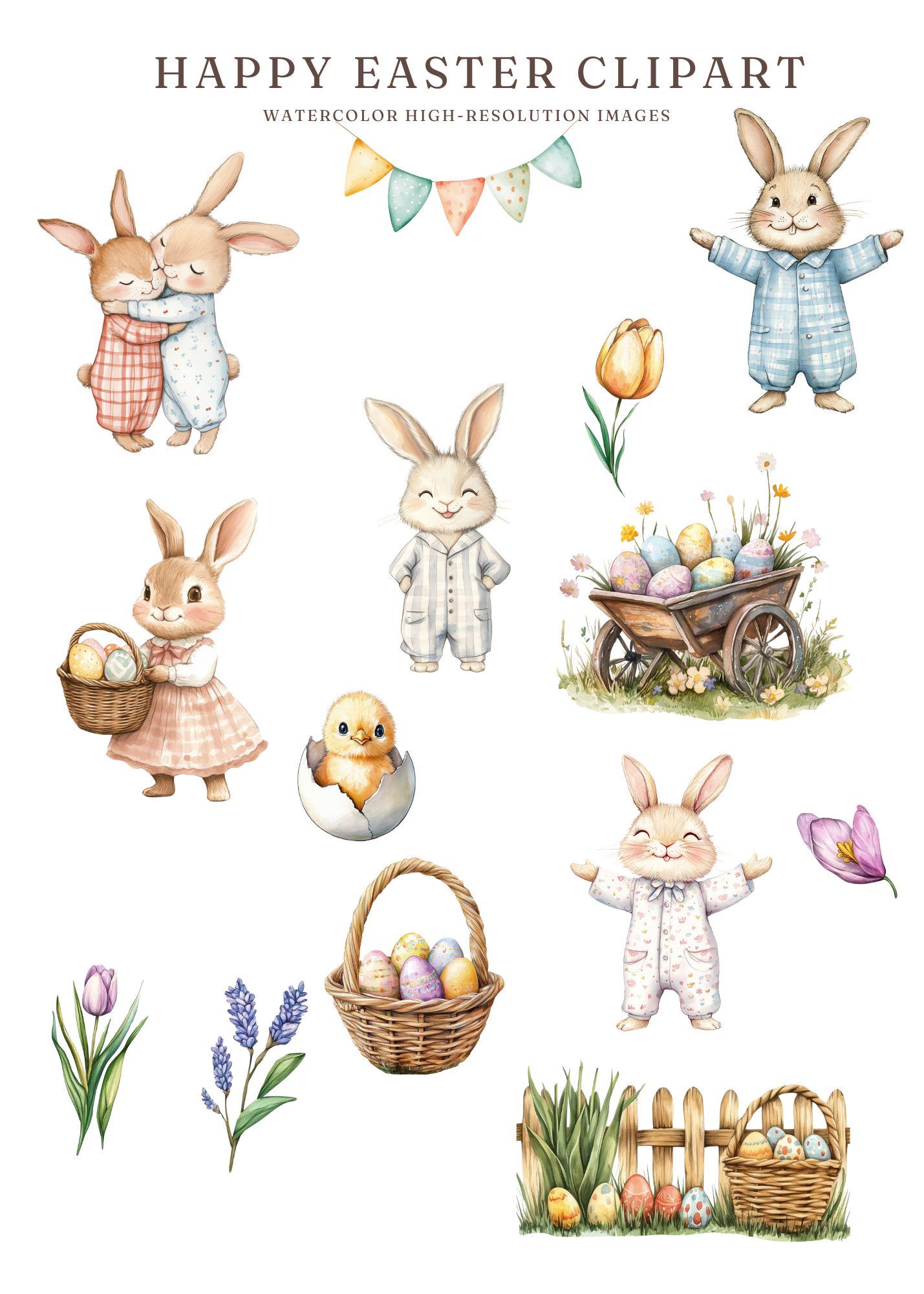 Happy Easter Bunny Rabbit Clipart - Watercolor Easter Images - Spring ...
