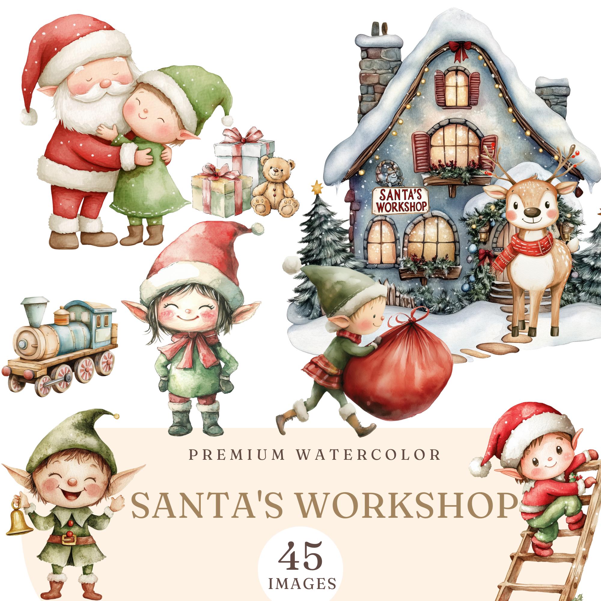 Santa's Workshop Clipart - Watercolor Christmas Clip Art Graphics ...