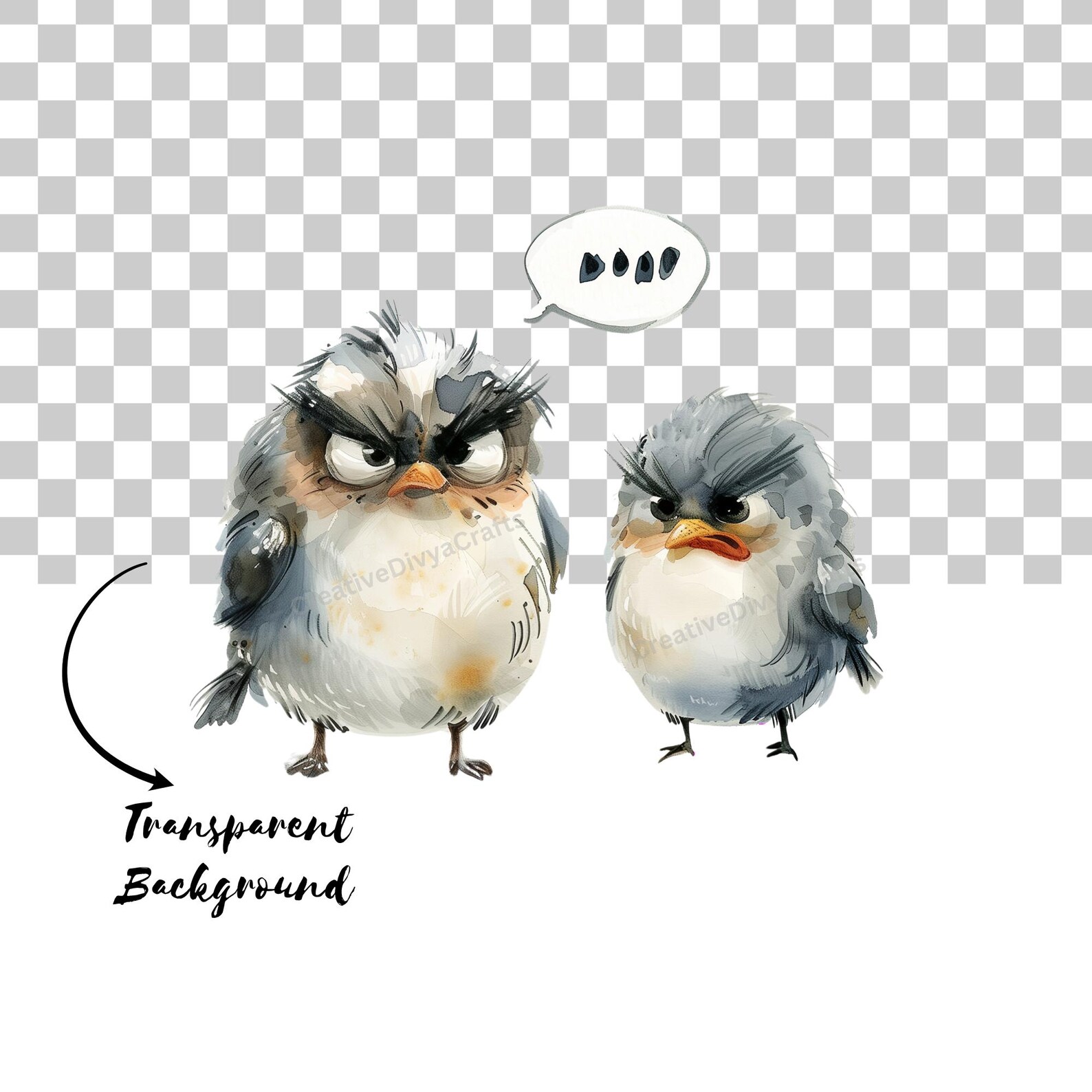 Grumpy Birds Watercolor Clipart / Angry Cute Bird Illustrations / Funny ...