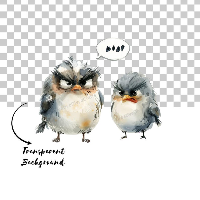 Grumpy Birds Watercolor Clipart / Angry Cute Bird Illustrations / Funny ...