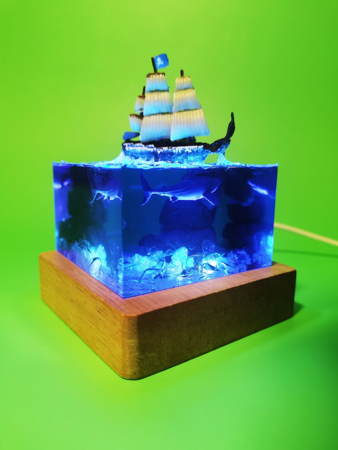 Epoxy Resin Corsair Diorama Lamp, Solid Wood Resin Shark Lamp, Home ...