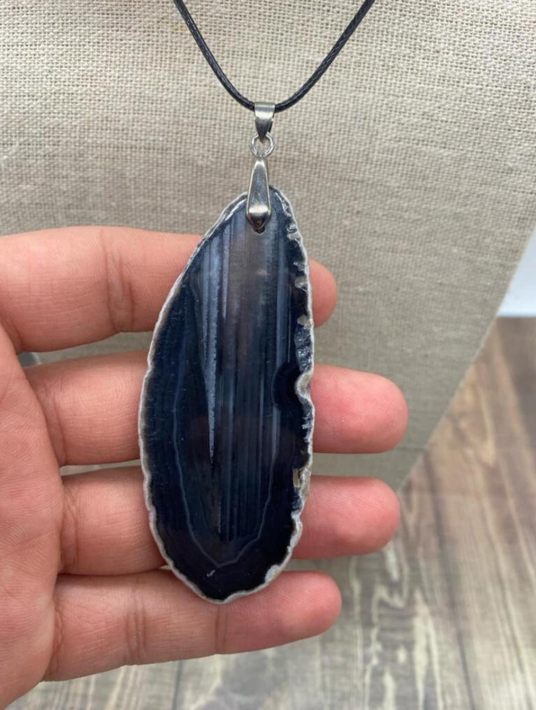 Handcrafted Black Agate Geode Slice Pendant With Initial Accent Ideal ...