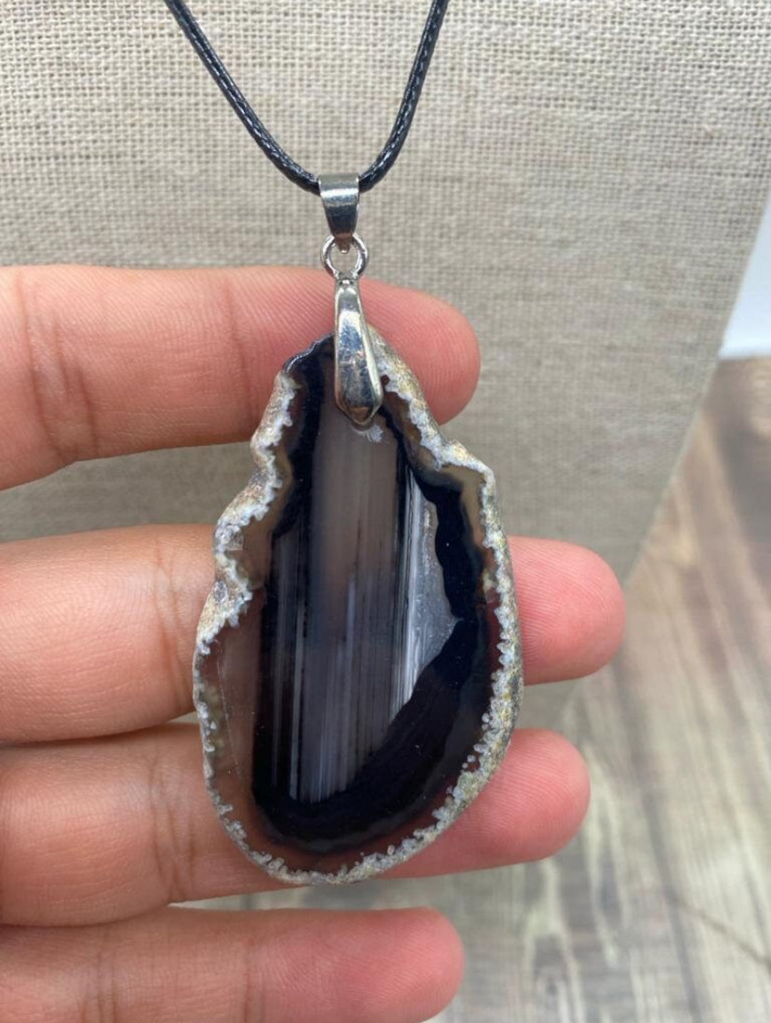 Black Agate Geode Slice Pendant, Handmade Gift One of a Kind Moss Agate ...