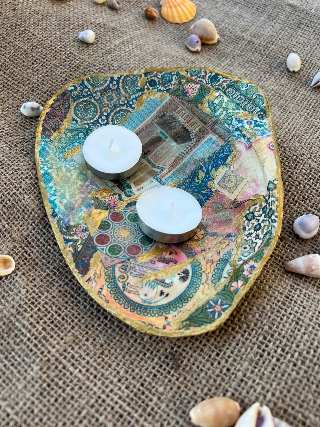 Decoupage Sea Shell With Bohemian Fabric and Candles Handmade by ...