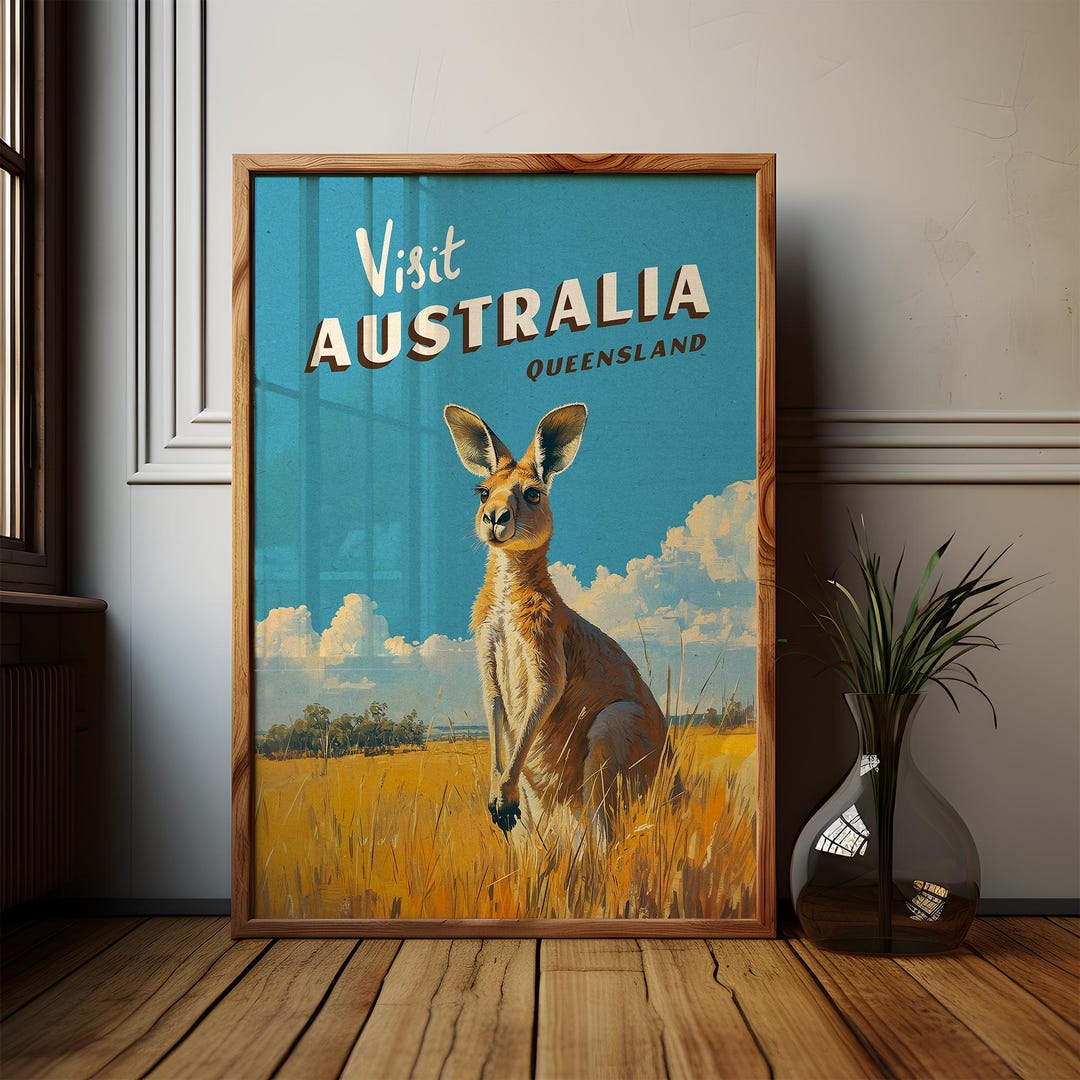 Australia Queensland Vintage Travel Print, Kangaroo Poster, Nature Wall ...