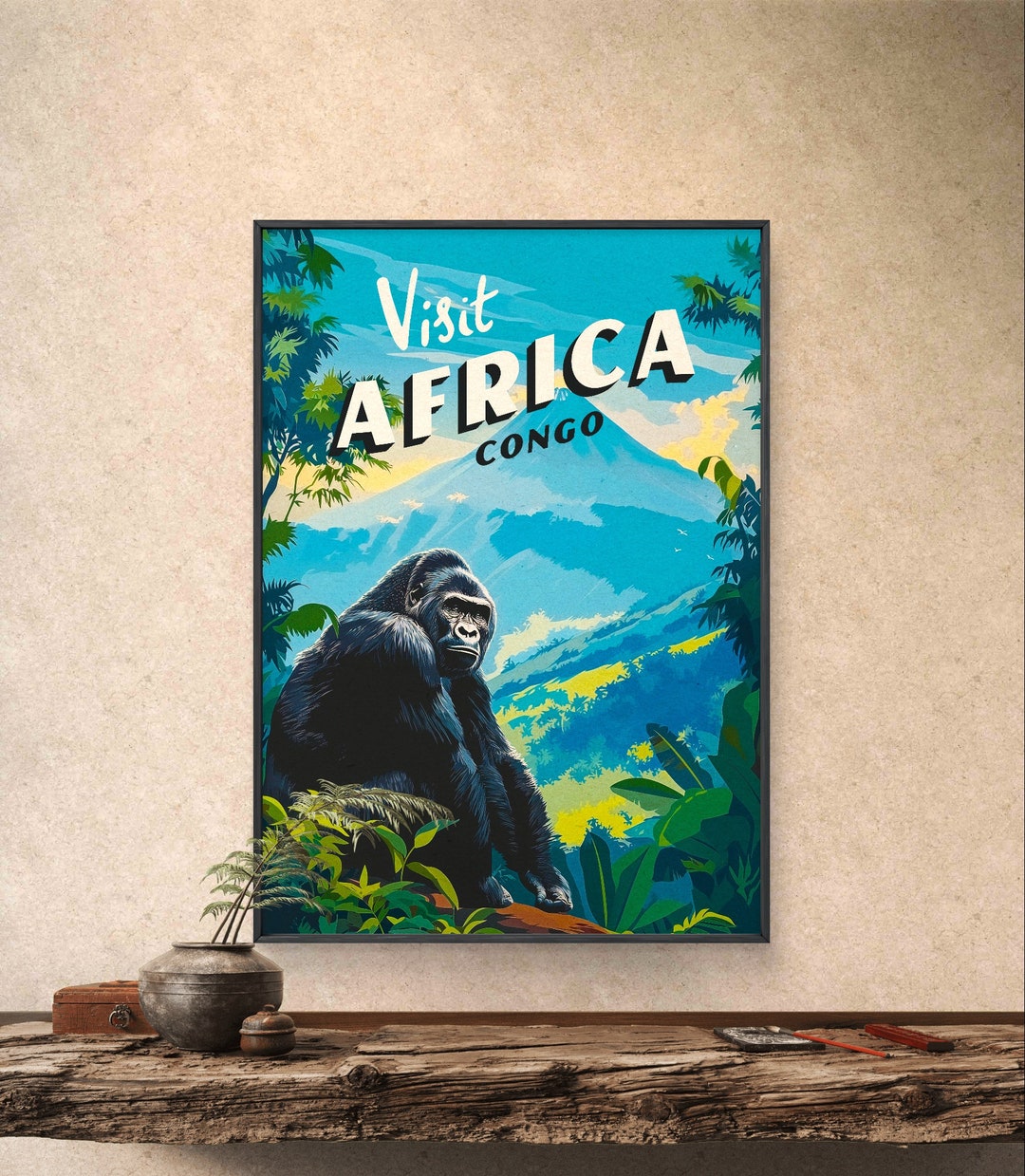 Africa Congo Vintage Travel Poster, Gorilla Print, African Wall Art ...